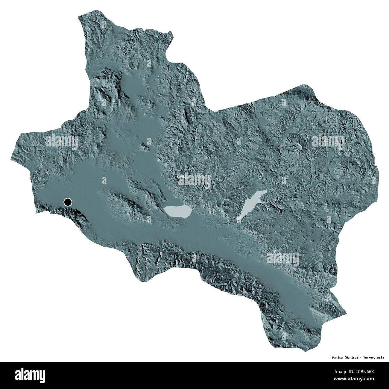 Shape of Manisa, province of Turkey, with its capital isolated on white ...