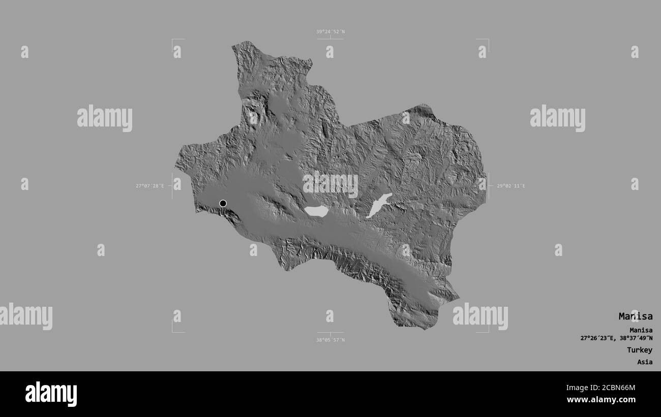 Area of Manisa, province of Turkey, isolated on a solid background in a ...