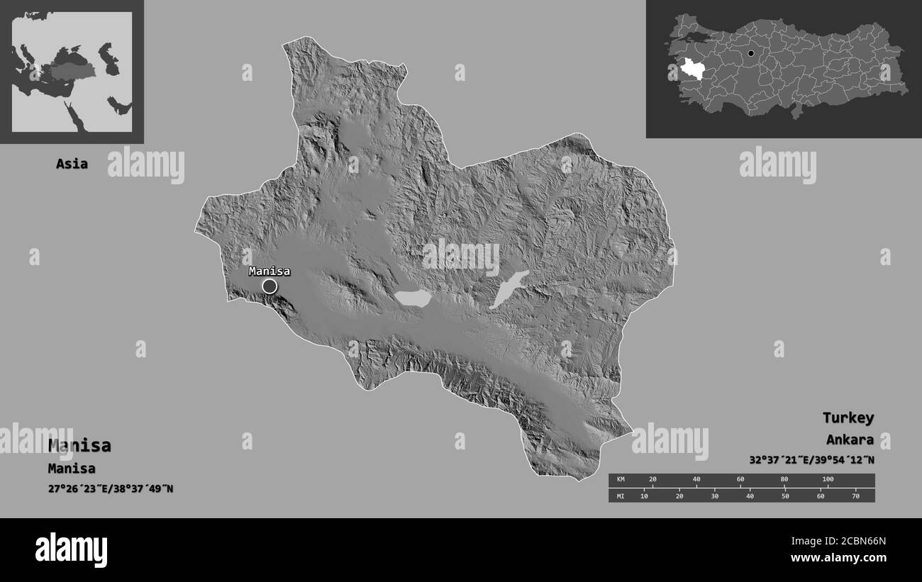 Shape of Manisa, province of Turkey, and its capital. Distance scale ...
