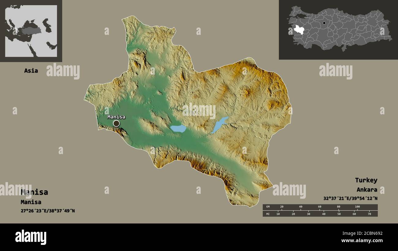 Shape of Manisa, province of Turkey, and its capital. Distance scale ...