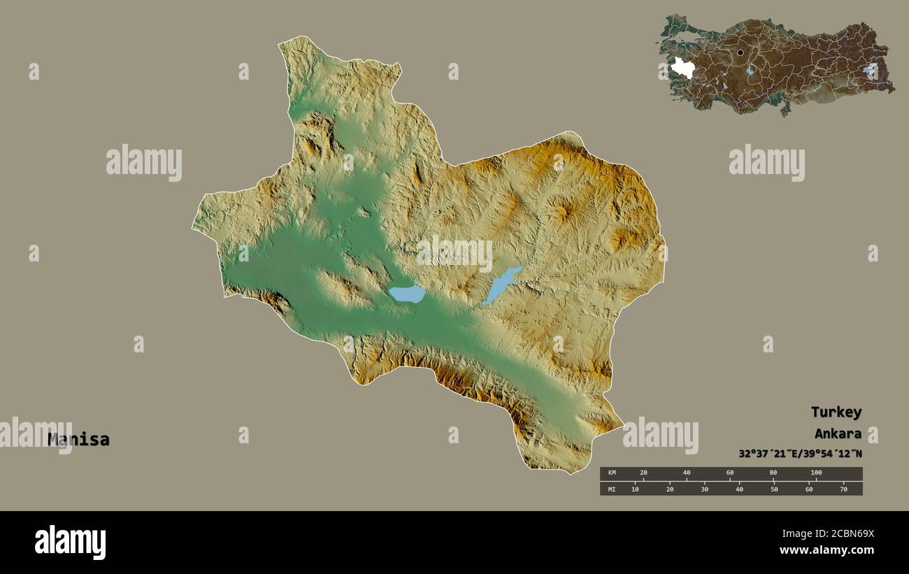 Shape of Manisa, province of Turkey, with its capital isolated on solid ...