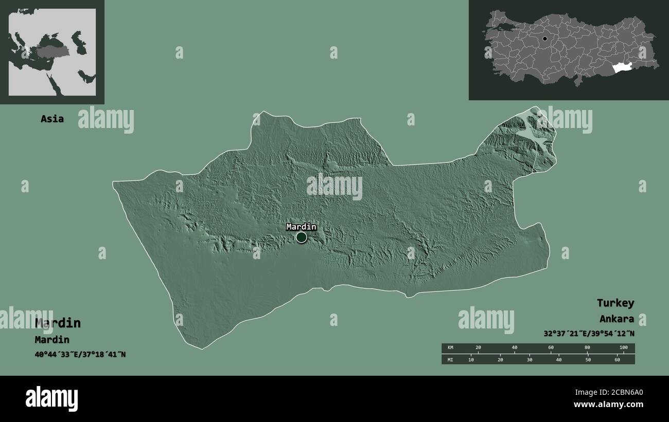 Shape of Mardin, province of Turkey, and its capital. Distance scale ...