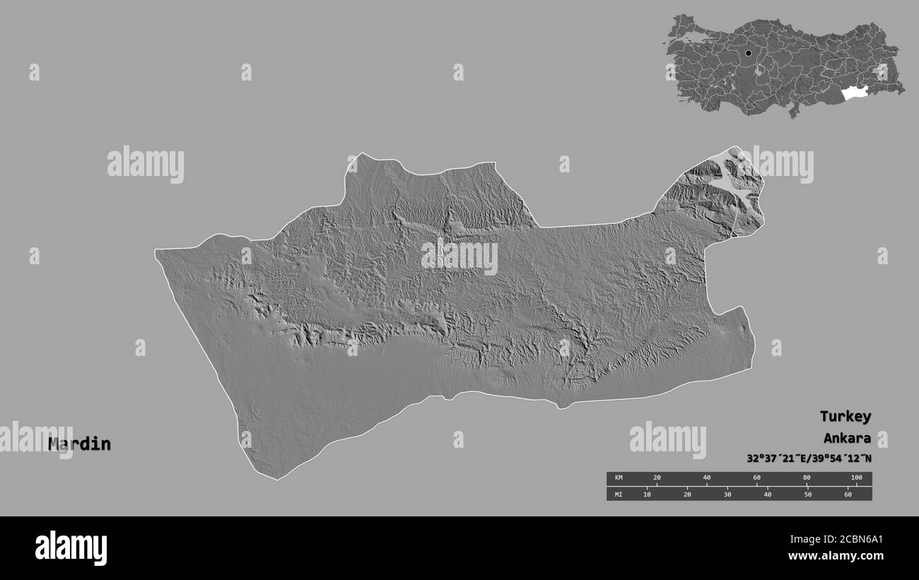Shape of Mardin, province of Turkey, with its capital isolated on solid ...