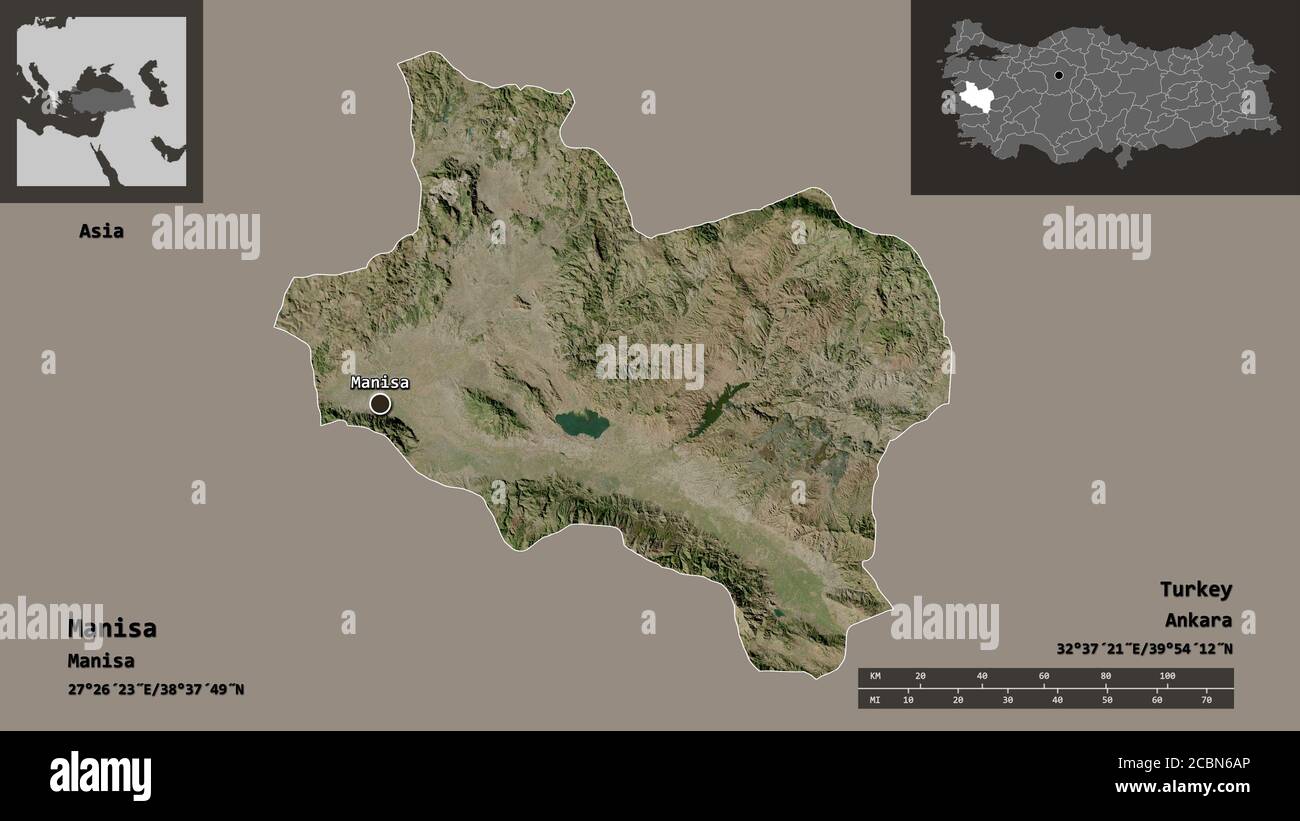 Shape of Manisa, province of Turkey, and its capital. Distance scale ...