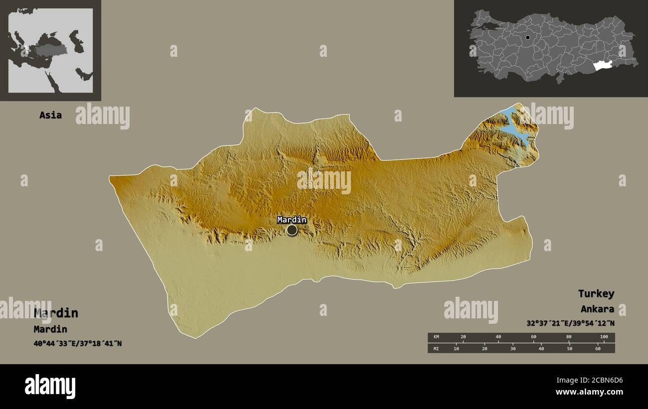 Shape of Mardin, province of Turkey, and its capital. Distance scale ...