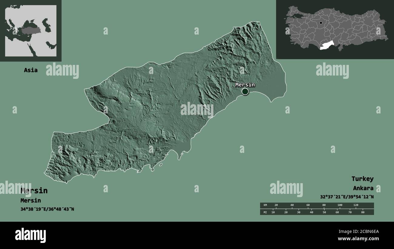 Shape of Mersin, province of Turkey, and its capital. Distance scale ...