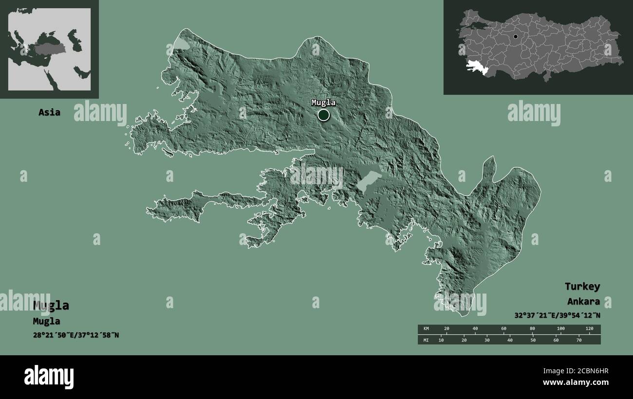 Shape of Mugla, province of Turkey, and its capital. Distance scale ...
