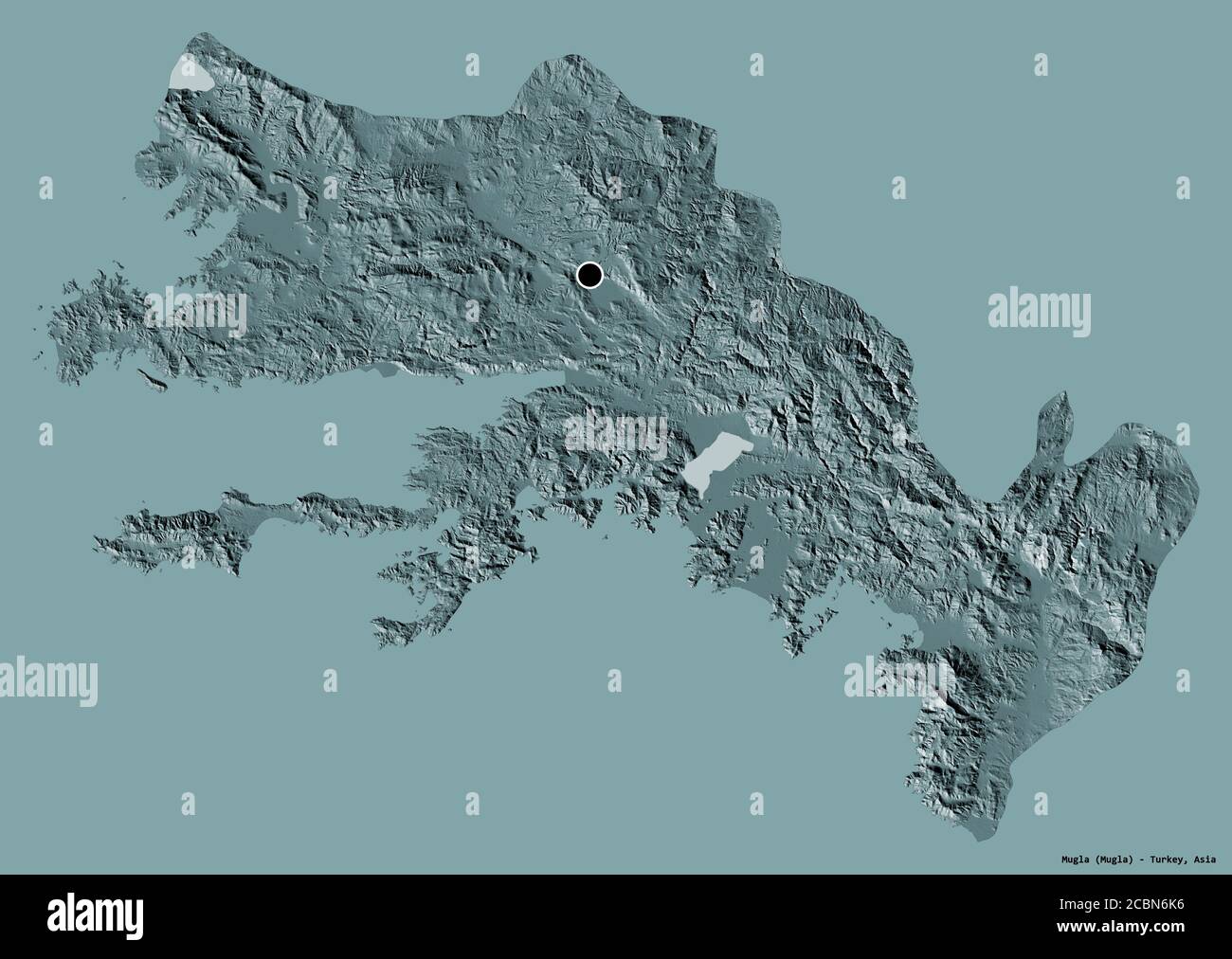 Shape of Mugla, province of Turkey, with its capital isolated on a ...