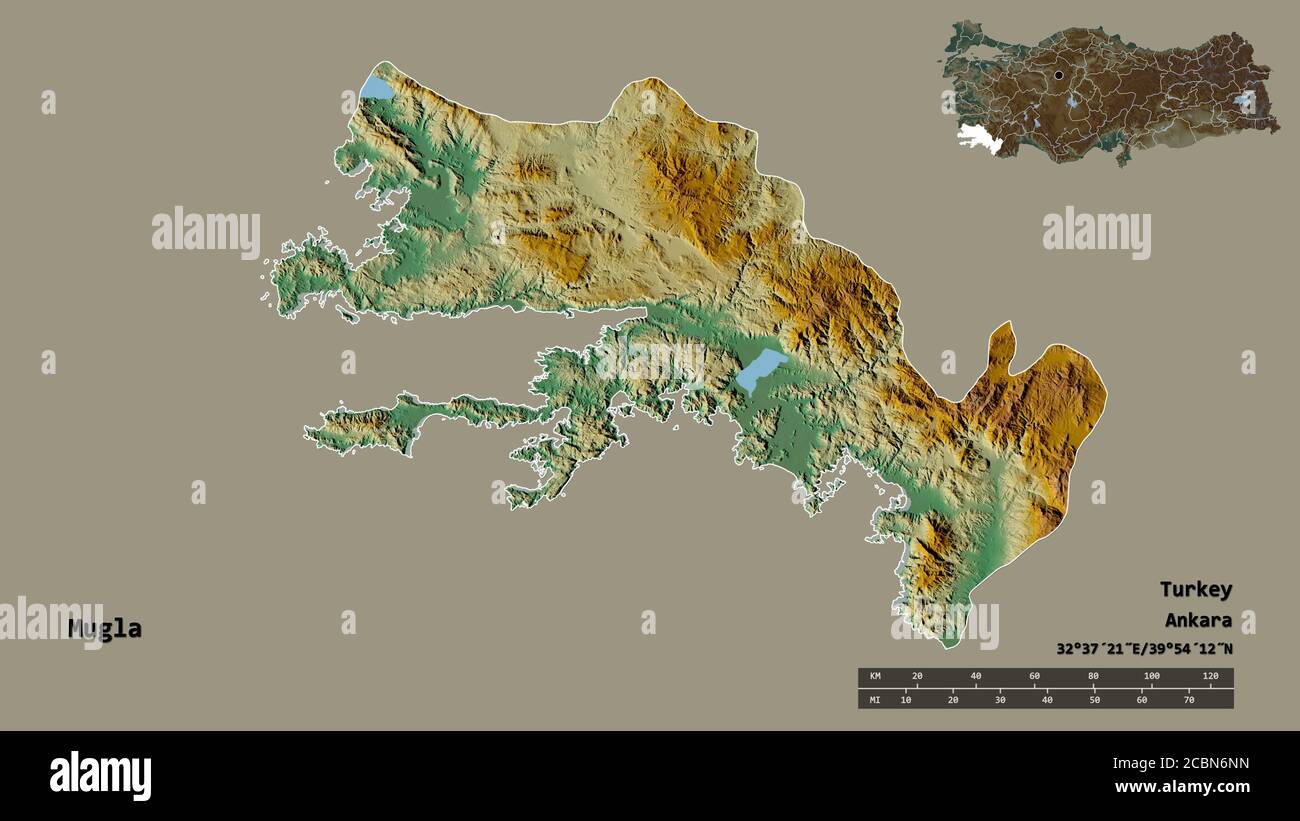 Shape of Mugla, province of Turkey, with its capital isolated on solid ...