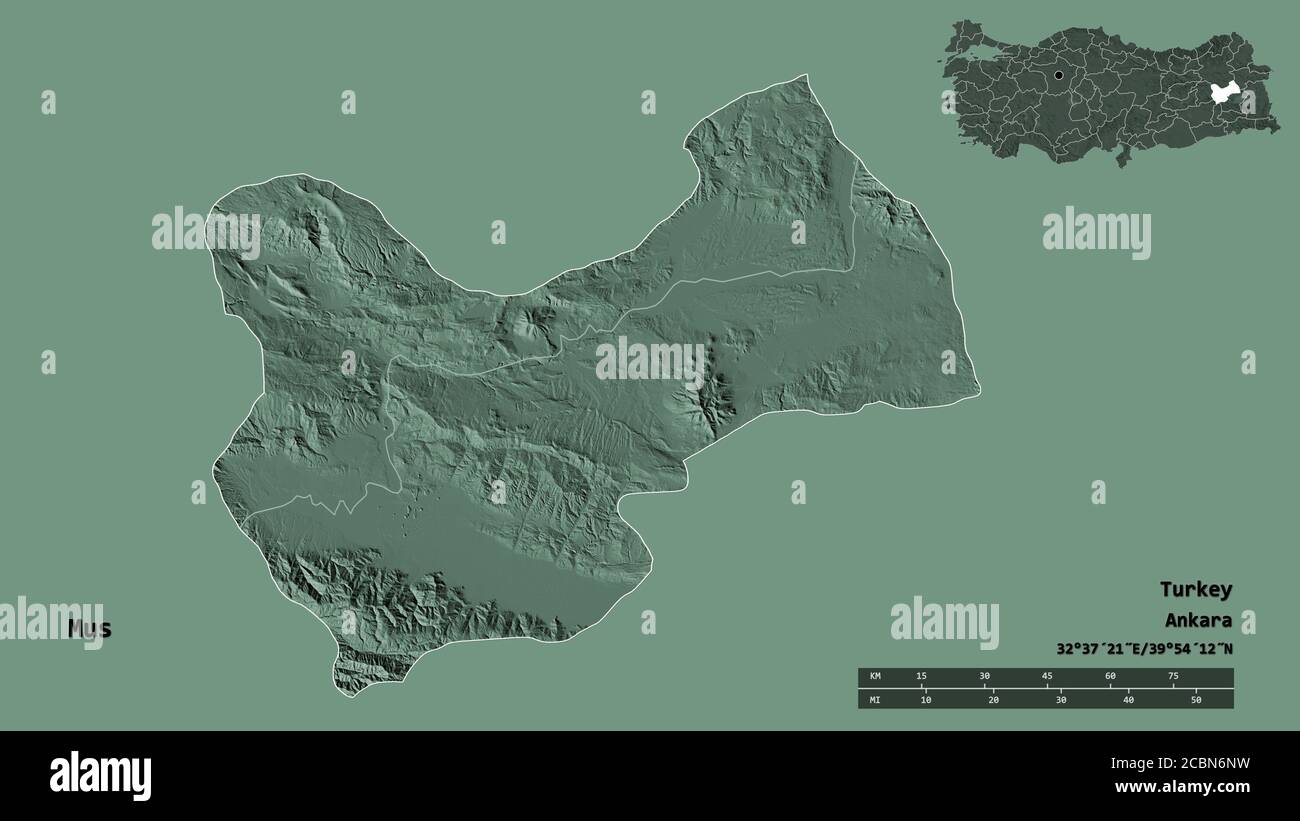Shape of Mus, province of Turkey, with its capital isolated on solid ...