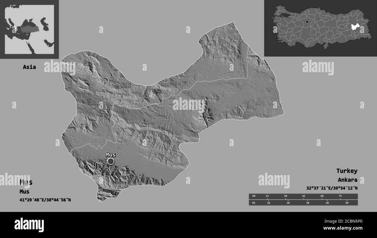 Shape of Mus, province of Turkey, and its capital. Distance scale ...