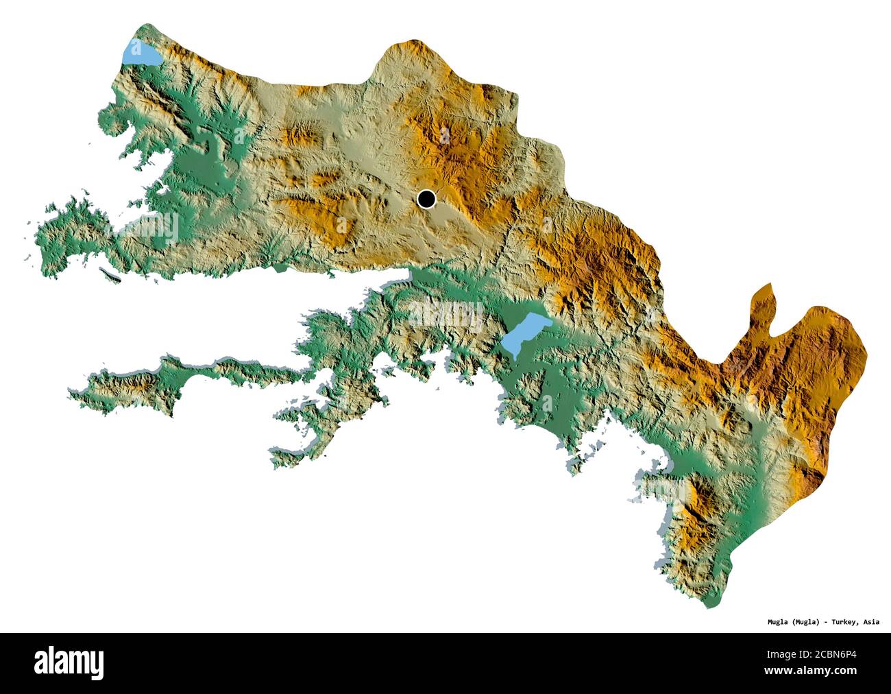 Shape of Mugla, province of Turkey, with its capital isolated on white ...