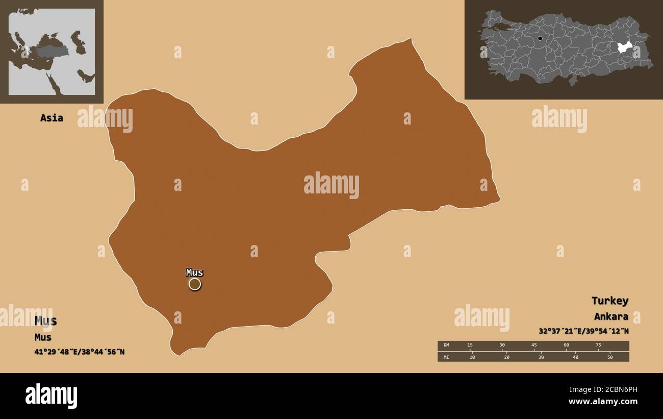 Shape of Mus, province of Turkey, and its capital. Distance scale ...