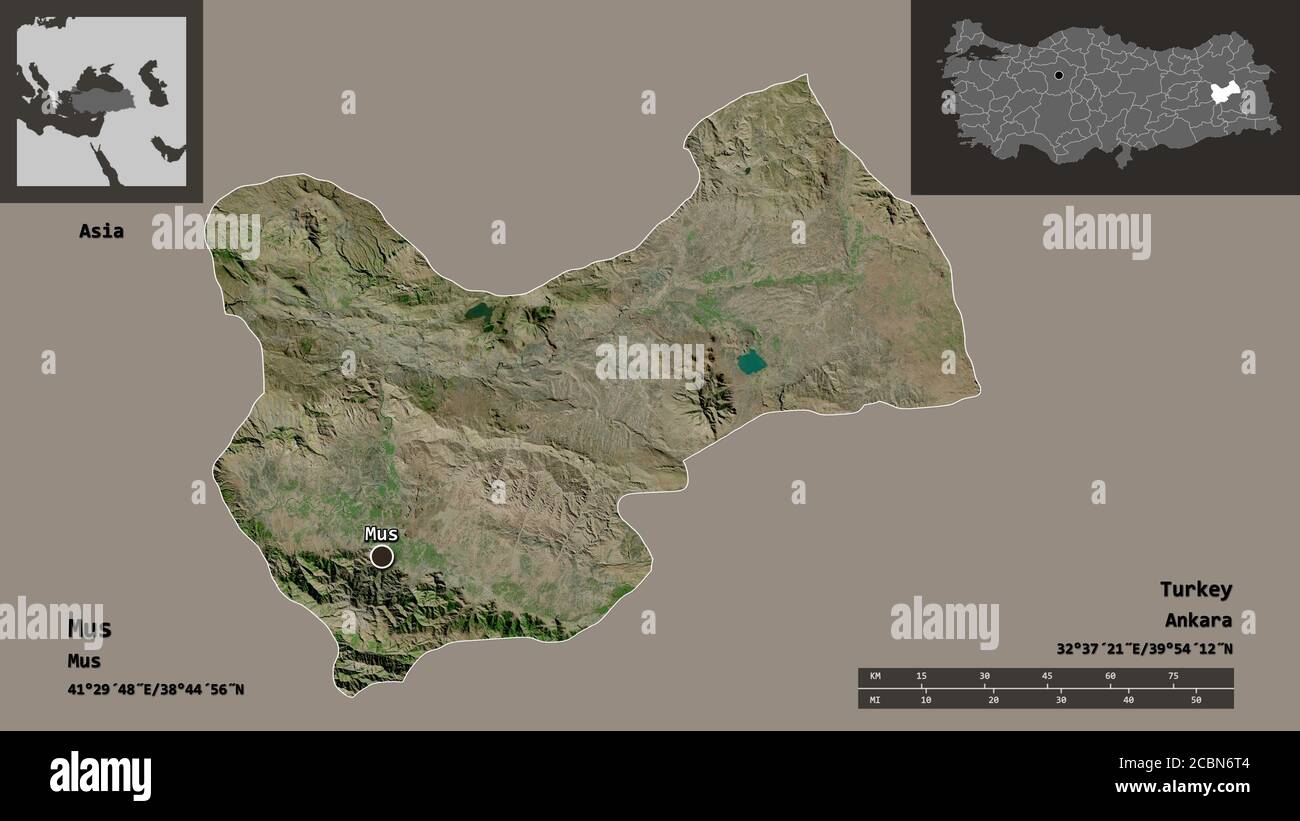 Shape of Mus, province of Turkey, and its capital. Distance scale ...