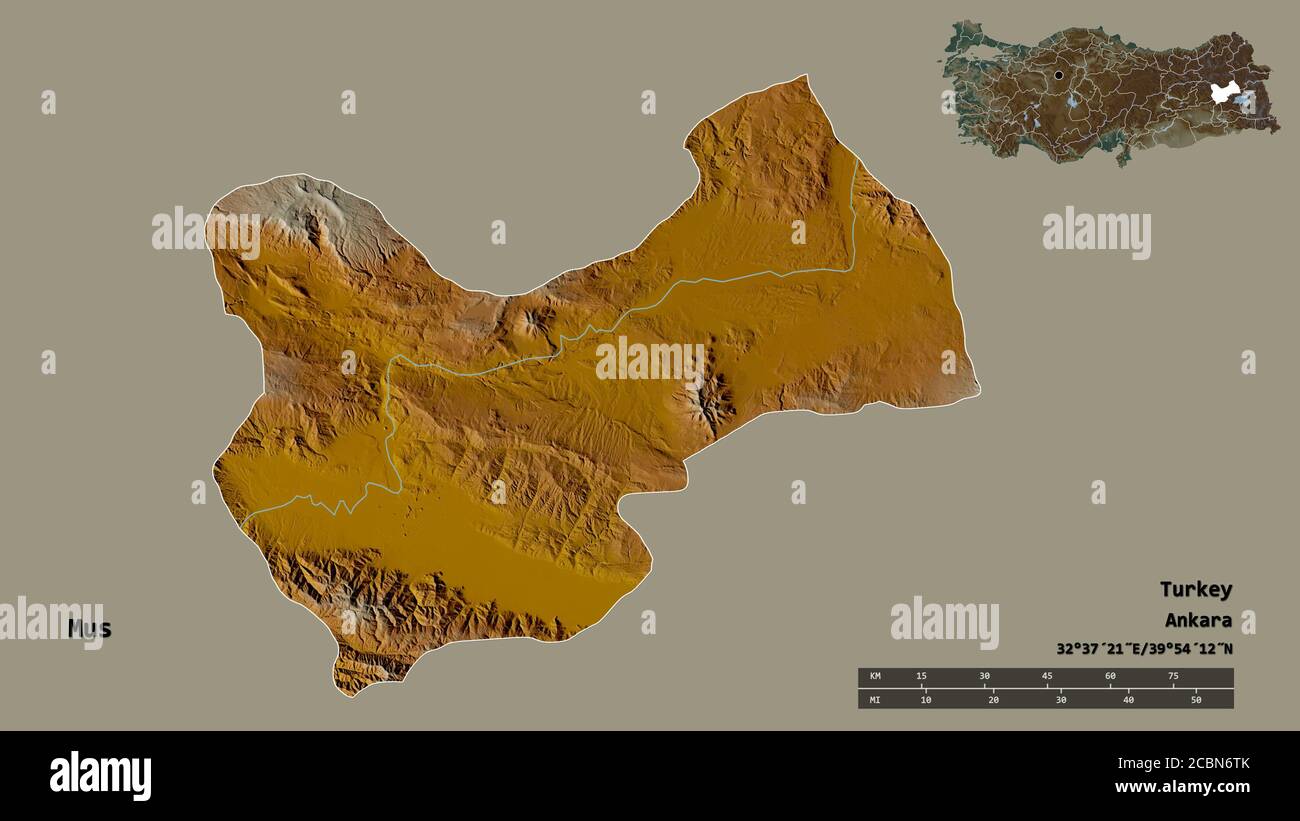 Shape of Mus, province of Turkey, with its capital isolated on solid ...