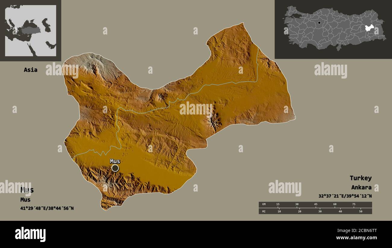 Shape of Mus, province of Turkey, and its capital. Distance scale ...