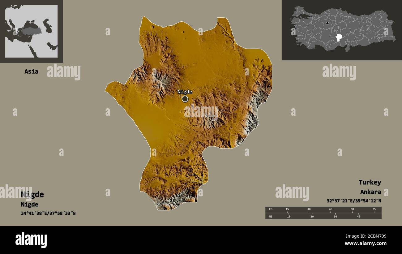 Shape of Nigde, province of Turkey, and its capital. Distance scale ...