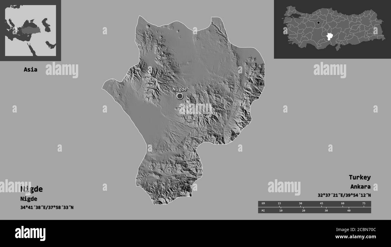 Shape of Nigde, province of Turkey, and its capital. Distance scale ...