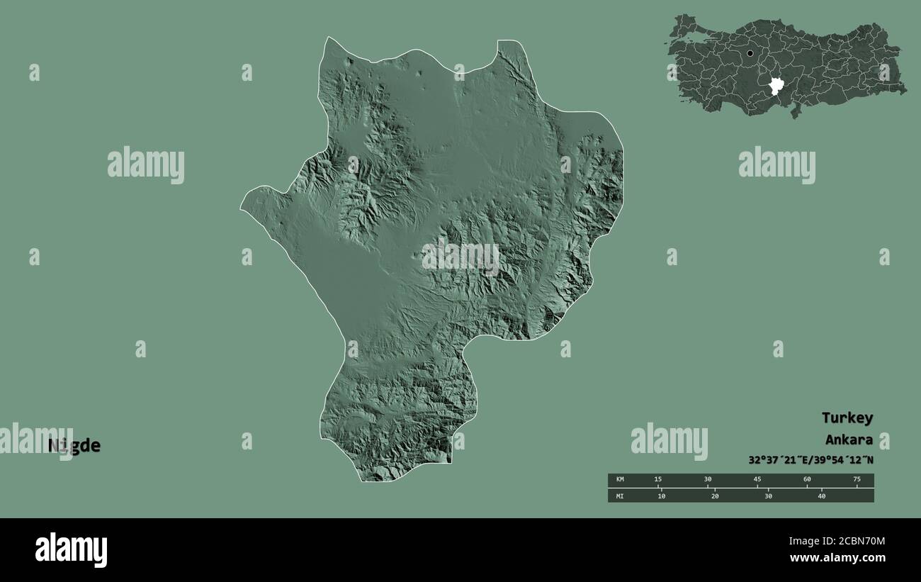 Shape of Nigde, province of Turkey, with its capital isolated on solid ...