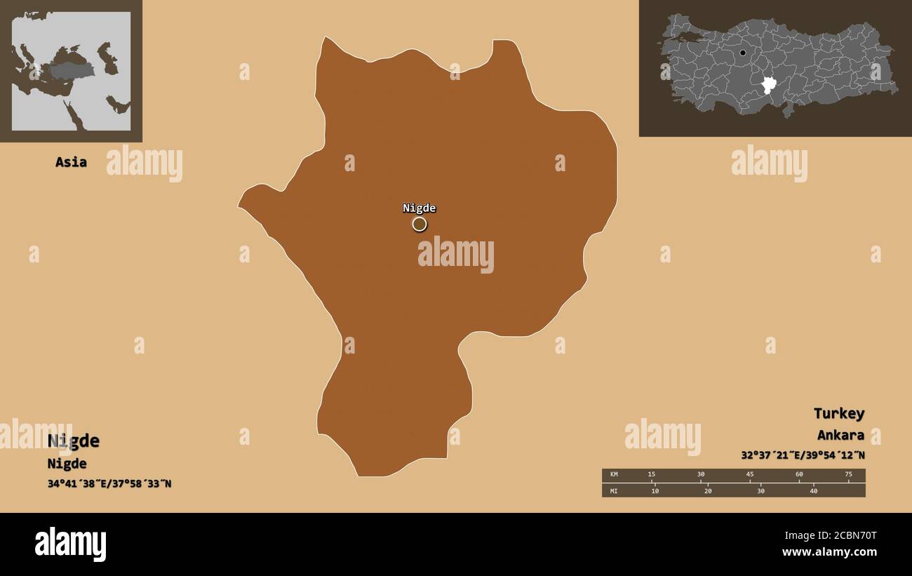 Shape of Nigde, province of Turkey, and its capital. Distance scale ...