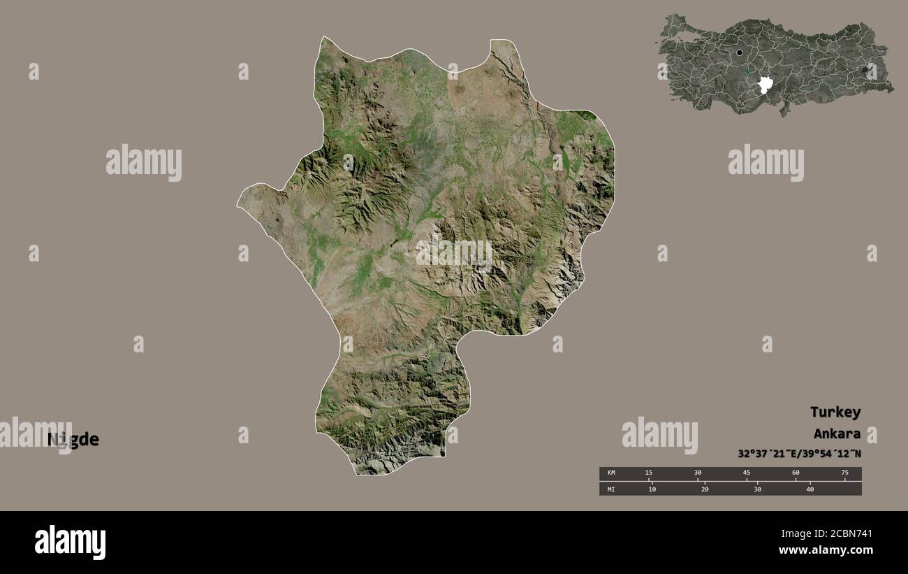 Shape of Nigde, province of Turkey, with its capital isolated on solid ...