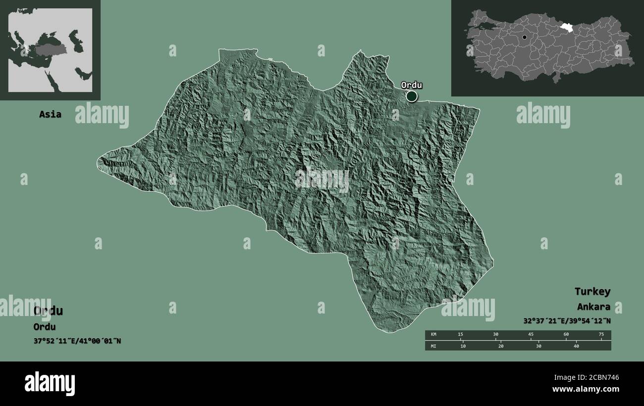 Shape of Ordu, province of Turkey, and its capital. Distance scale ...
