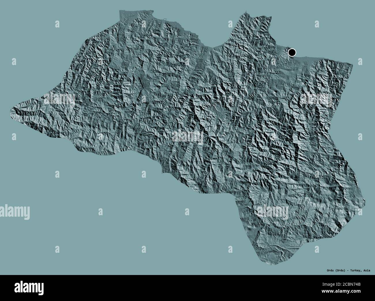 Shape of Ordu, province of Turkey, with its capital isolated on a solid ...