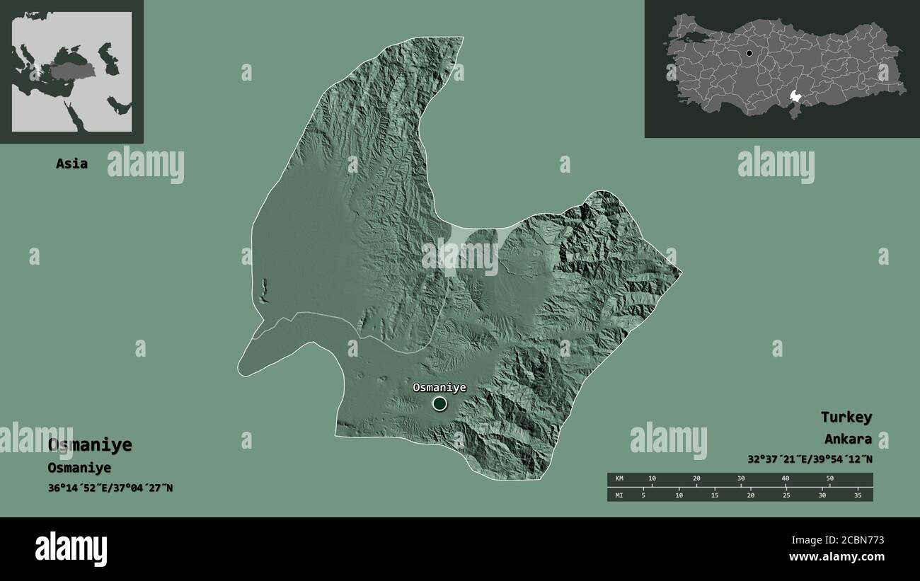 Shape of Osmaniye, province of Turkey, and its capital. Distance scale ...