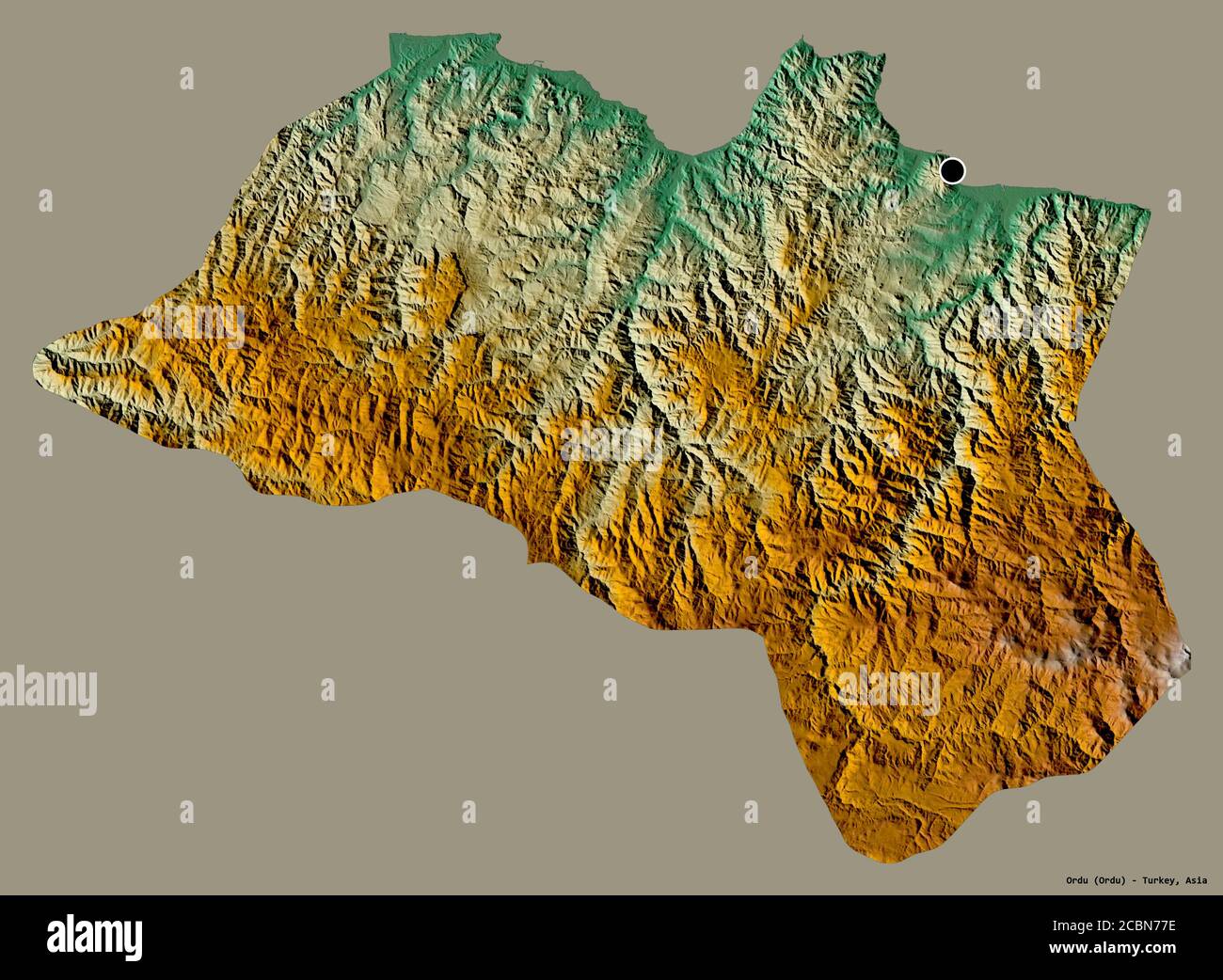 Shape of Ordu, province of Turkey, with its capital isolated on a solid ...