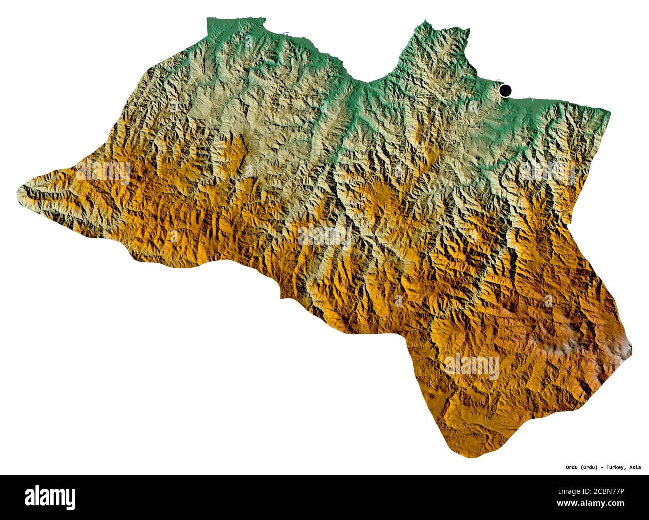 Shape of Ordu, province of Turkey, with its capital isolated on white ...