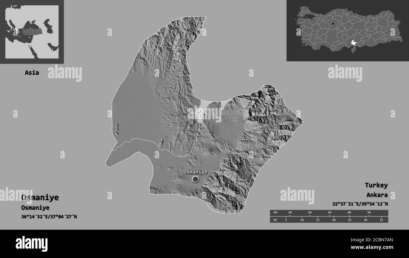 Shape of Osmaniye, province of Turkey, and its capital. Distance scale ...