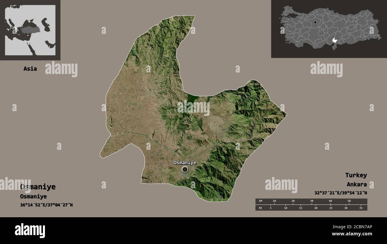 Shape of Osmaniye, province of Turkey, and its capital. Distance scale ...