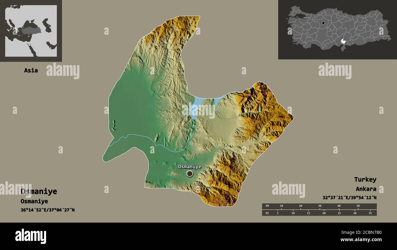 Shape of Osmaniye, province of Turkey, and its capital. Distance scale ...