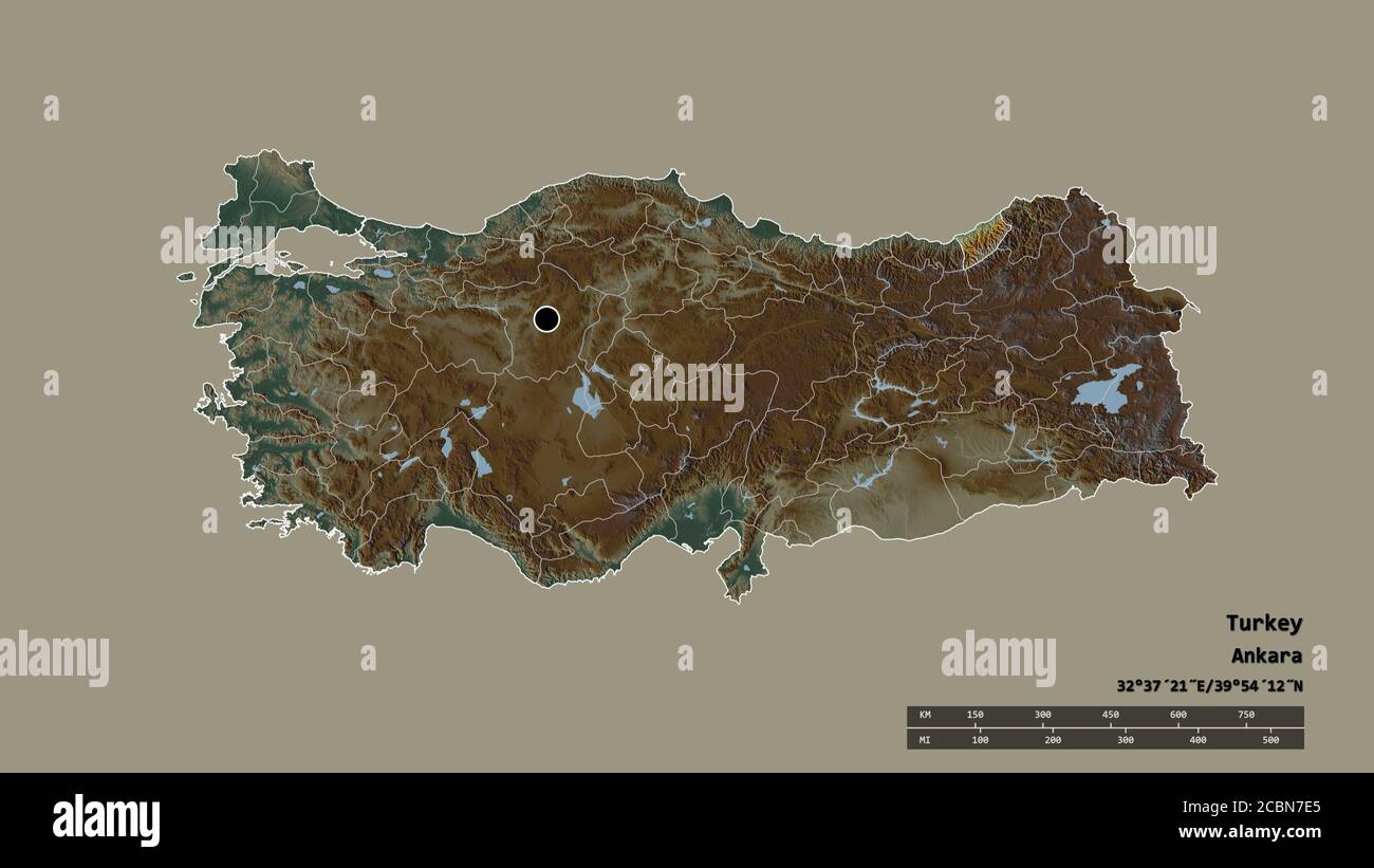 Desaturated shape of Turkey with its capital, main regional division ...