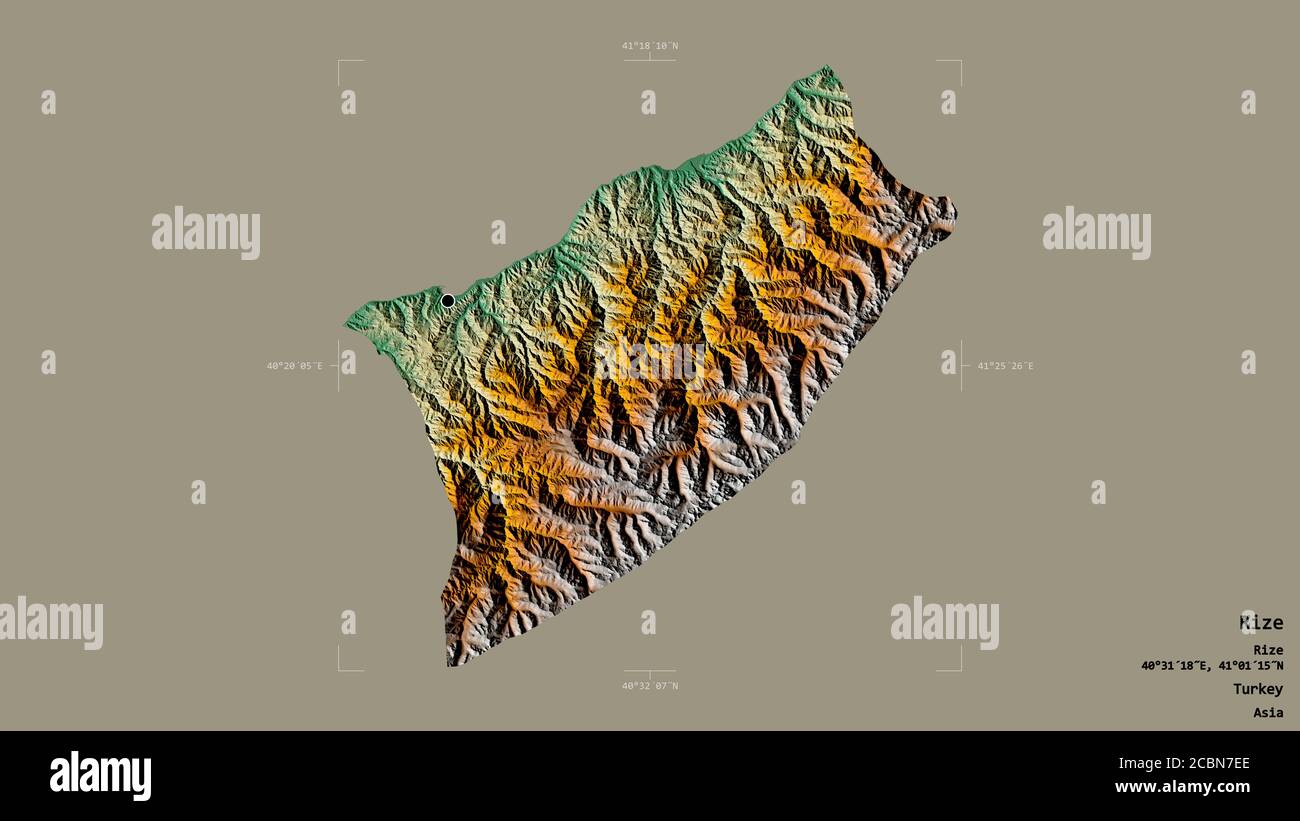 Area of Rize, province of Turkey, isolated on a solid background in a ...