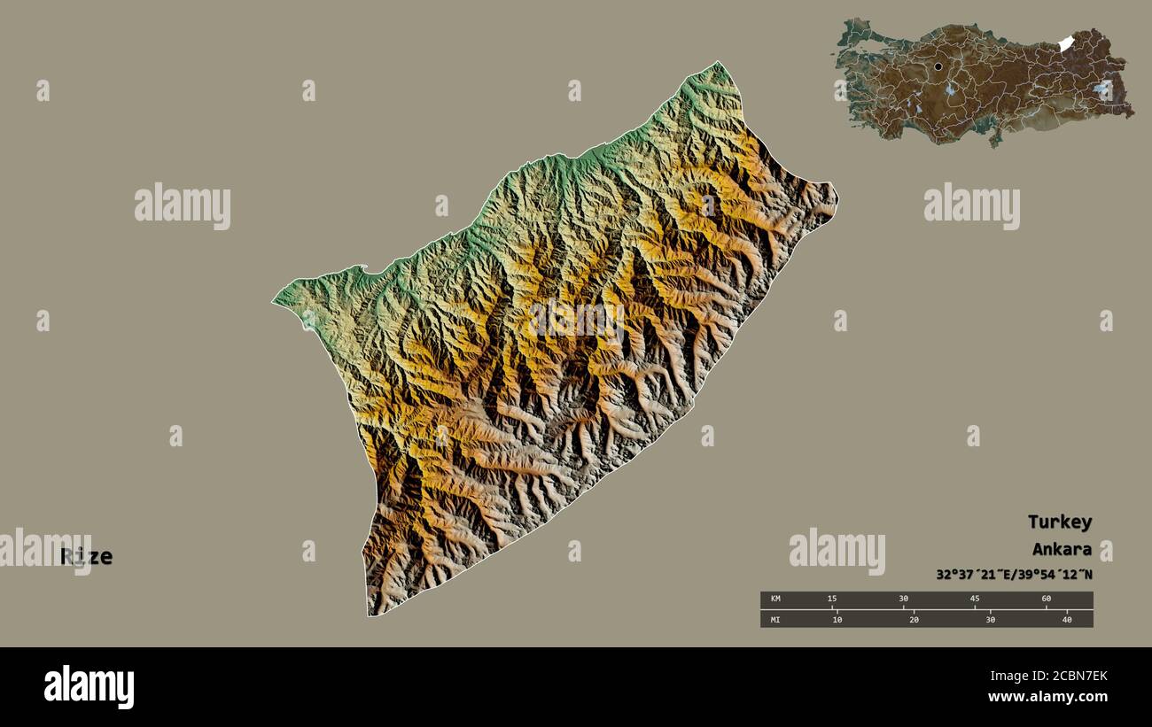Shape of Rize, province of Turkey, with its capital isolated on solid ...
