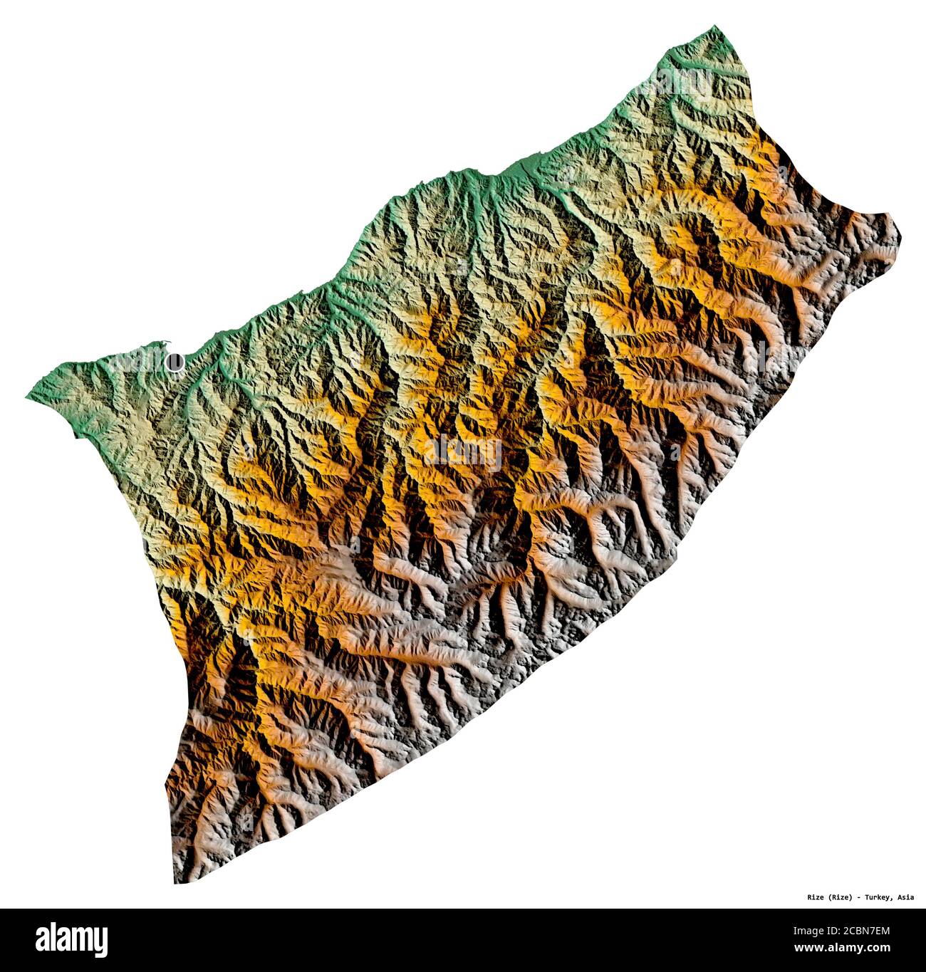 Shape of Rize, province of Turkey, with its capital isolated on white ...
