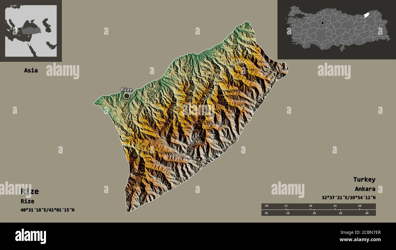 Shape of Rize, province of Turkey, and its capital. Distance scale ...
