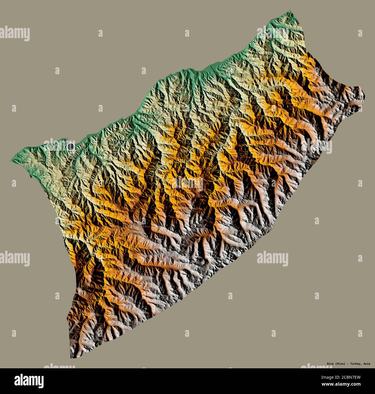 Shape of Rize, province of Turkey, with its capital isolated on a solid ...