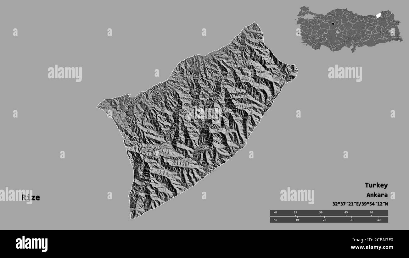 Shape of Rize, province of Turkey, with its capital isolated on solid ...