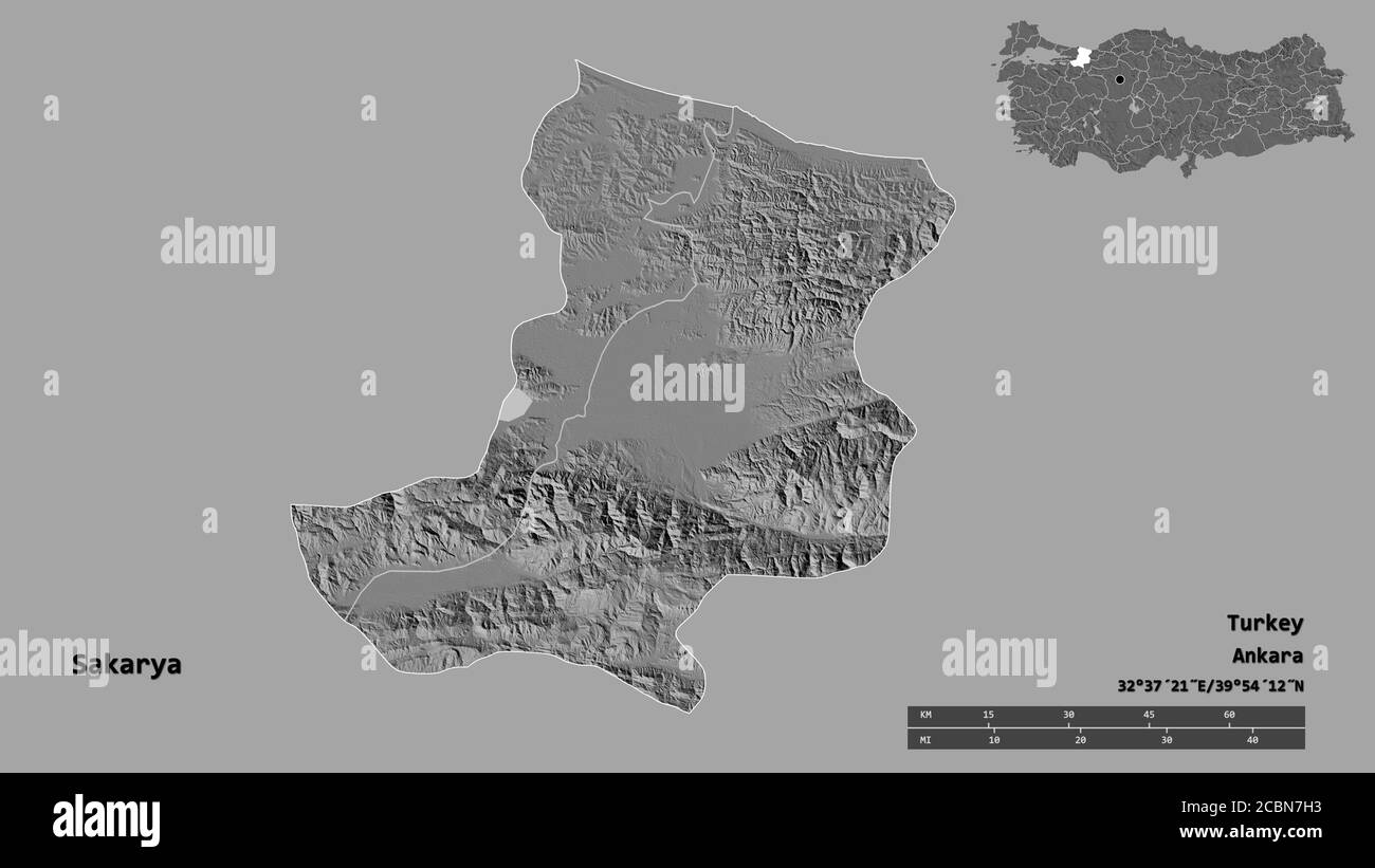 Shape of Sakarya, province of Turkey, with its capital isolated on ...
