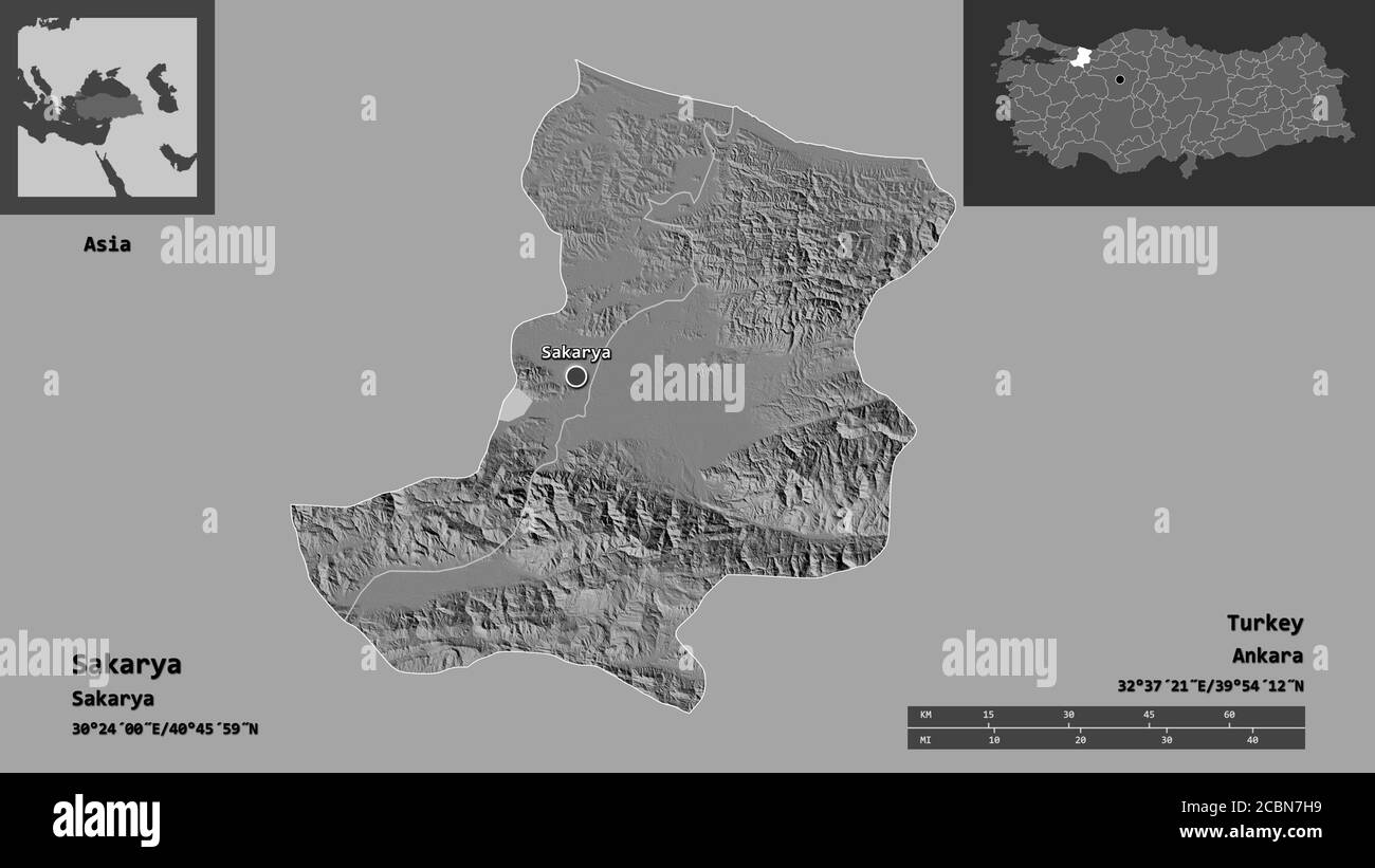 Shape of Sakarya, province of Turkey, and its capital. Distance scale ...