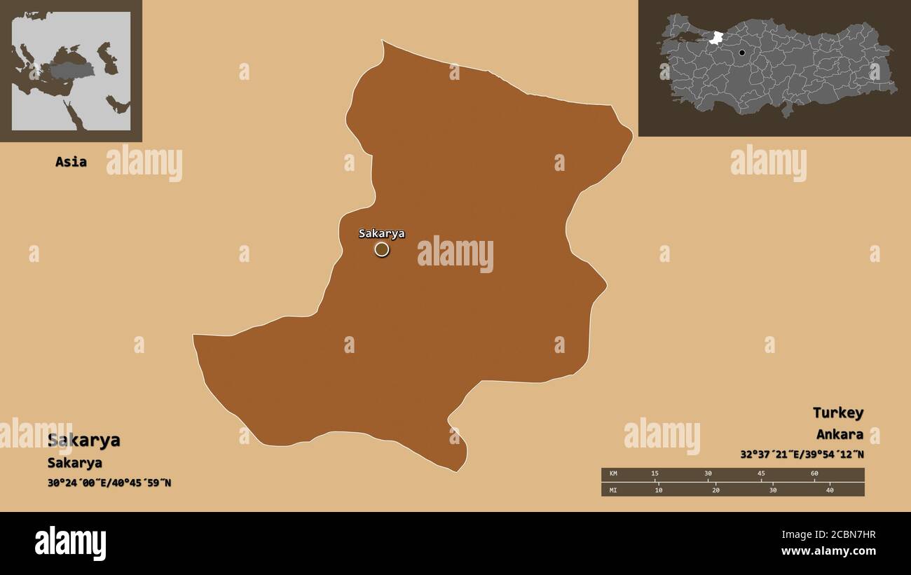 Shape of Sakarya, province of Turkey, and its capital. Distance scale ...
