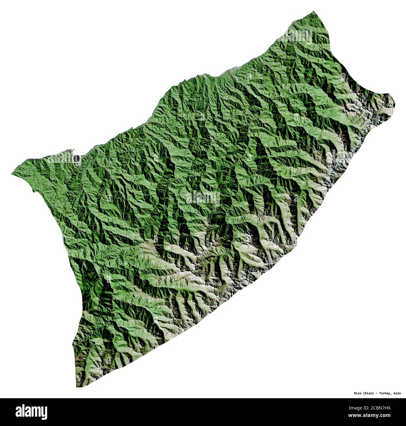 Shape of Rize, province of Turkey, with its capital isolated on white ...