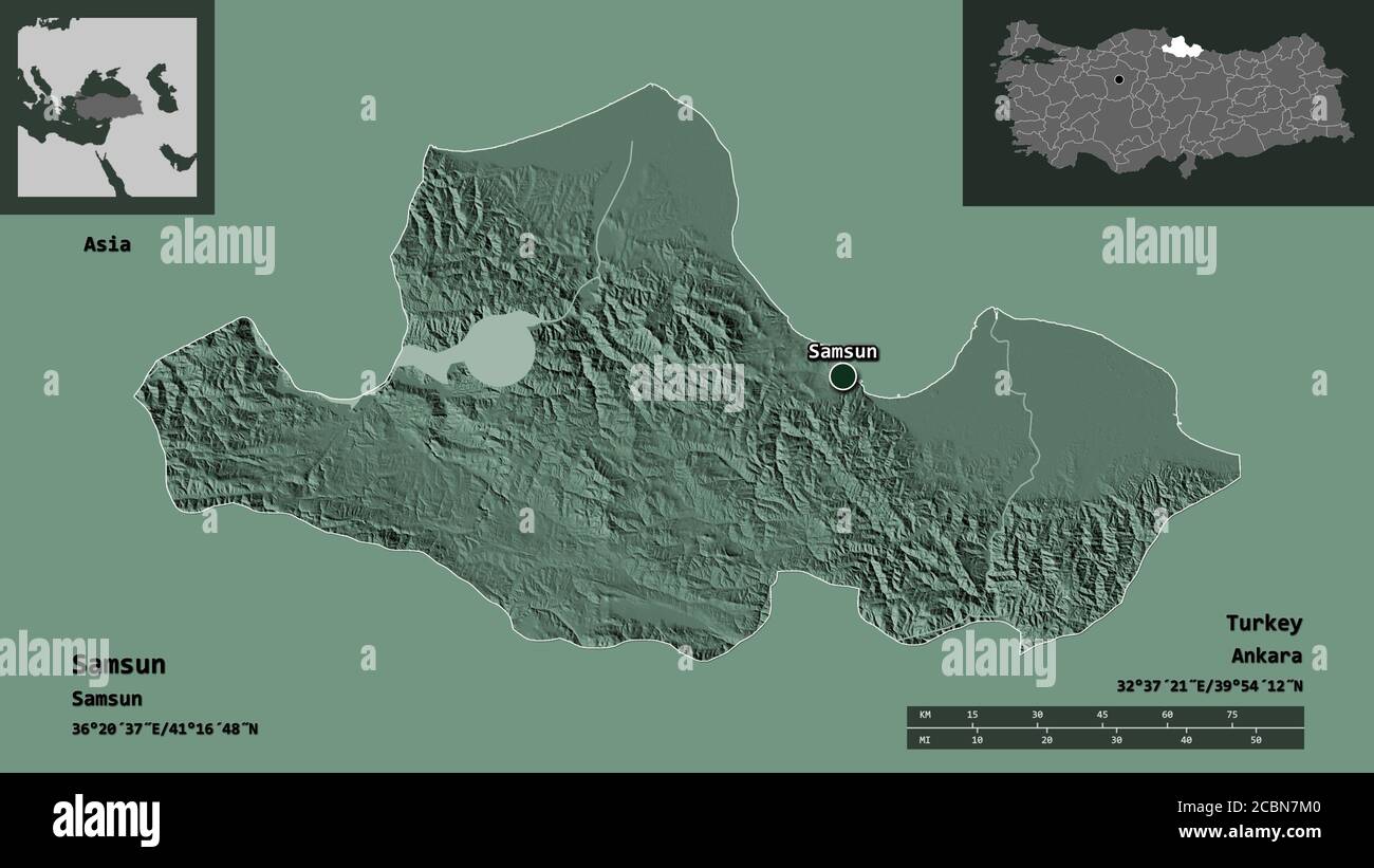 Shape of Samsun, province of Turkey, and its capital. Distance scale ...