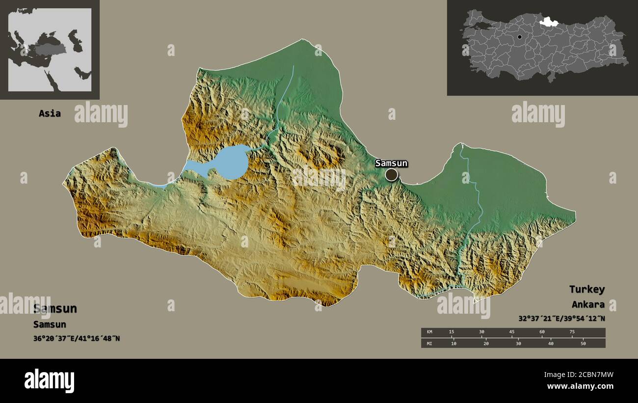 Shape of Samsun, province of Turkey, and its capital. Distance scale ...
