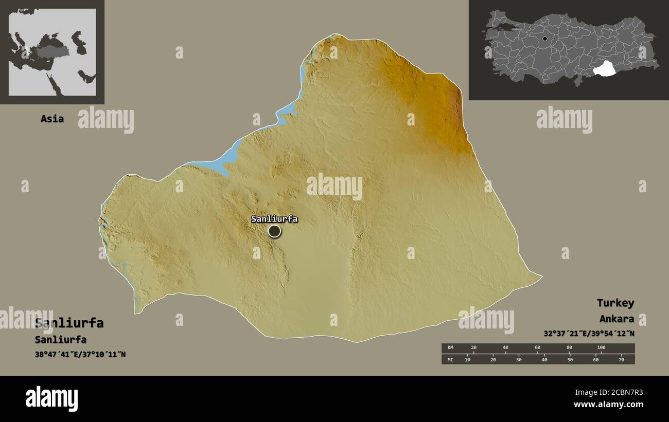 Shape of Sanliurfa, province of Turkey, and its capital. Distance scale ...