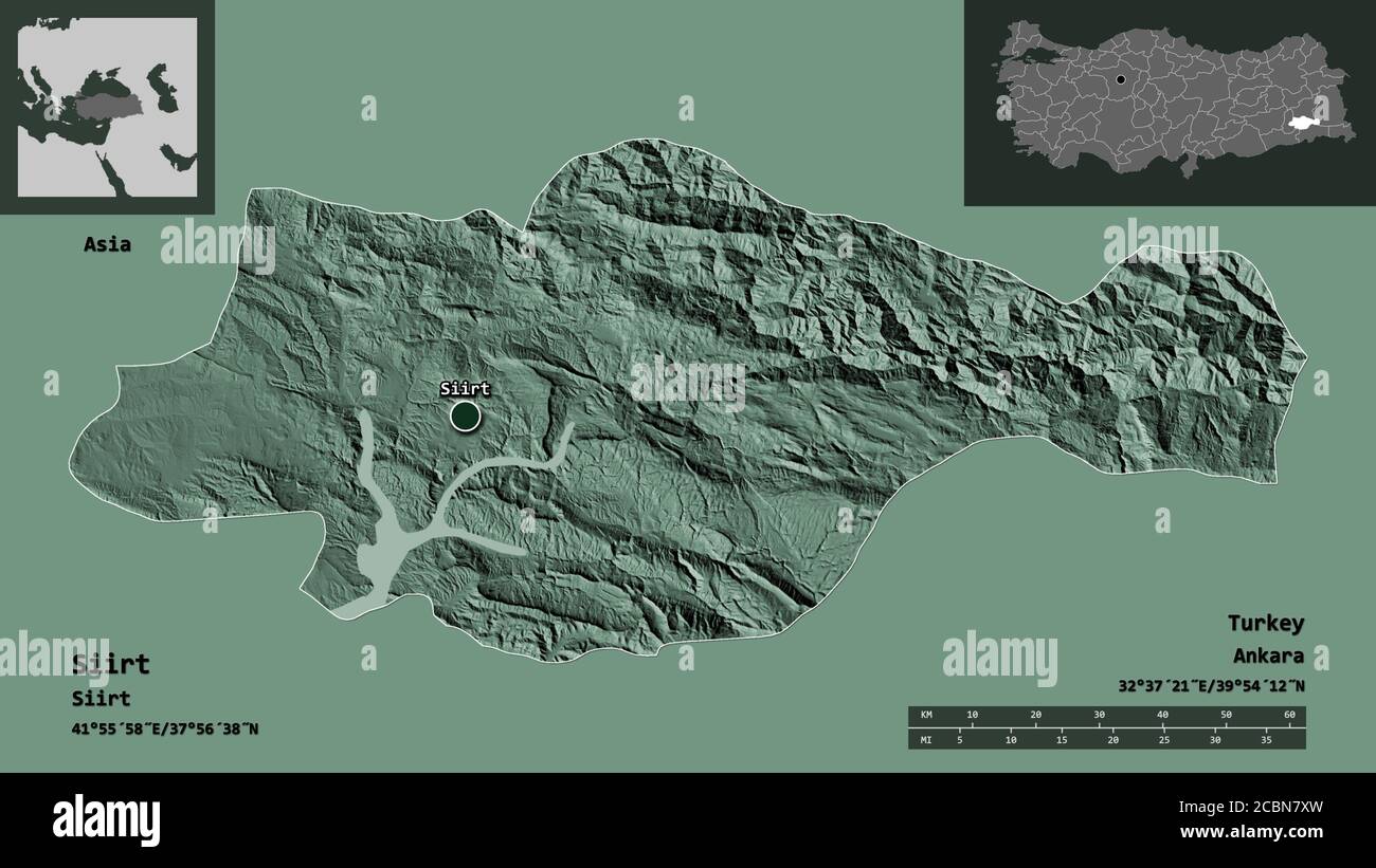 Shape of Siirt, province of Turkey, and its capital. Distance scale ...