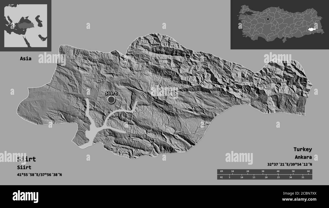 Shape of Siirt, province of Turkey, and its capital. Distance scale ...