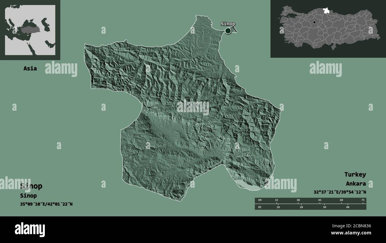 Shape of Sinop, province of Turkey, and its capital. Distance scale ...